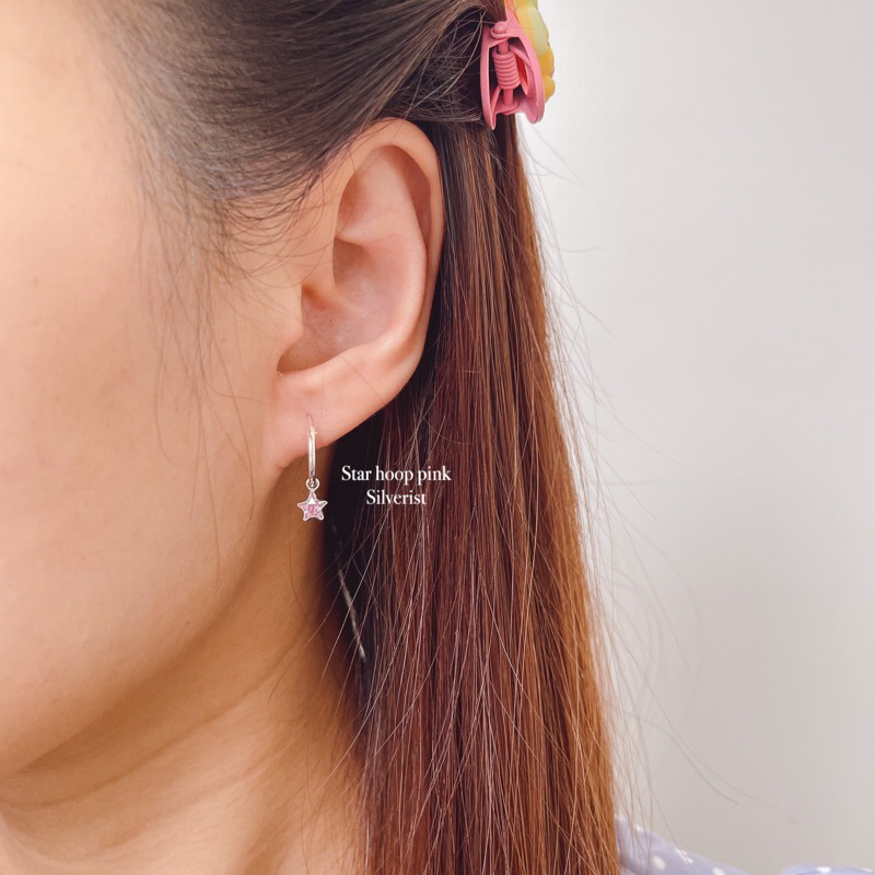 Silverist- Star hoop ขนาดห่วง 12 มม. ต่างหูเงินแท้ S92.5% ดีเทลห้อยตุ้งติ้งดาวจิ๋ว เพชร cz มาให้ ...