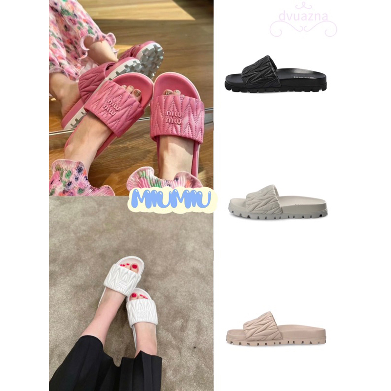 แบรนด์ใหม่ 100% ของแท้ MIUMIU จีบหนังแฟชั่นรองเท้าแตะ | Shopee Thailand