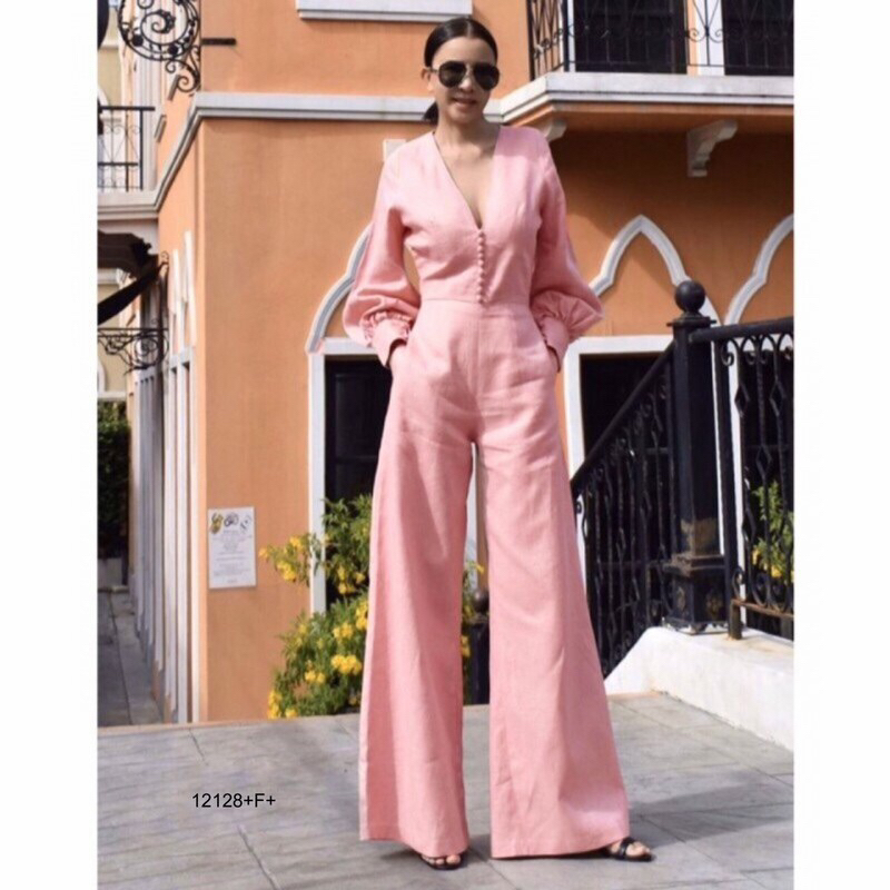 12128 จั้มสูทคอวีขายาวแต่งกระดุมอก ชุดเที่ยว ชุดทำงาน ชุดสุภาพ ชุดลำลอง ...