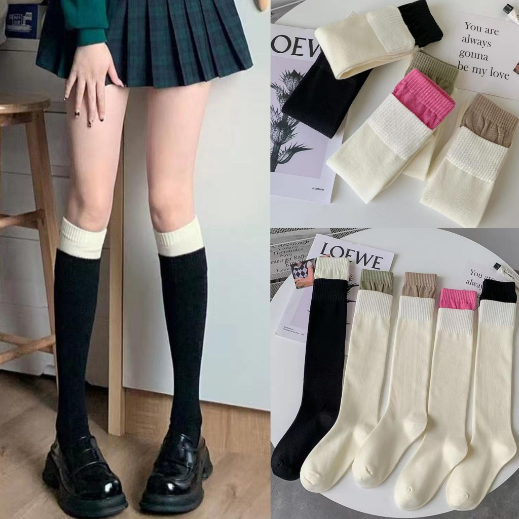 ถุงเท้ายาว ผ้าฝ้าย บล็อกสี แฟชั่นผู้หญิง สีขาว Japanese sweet knee high ...