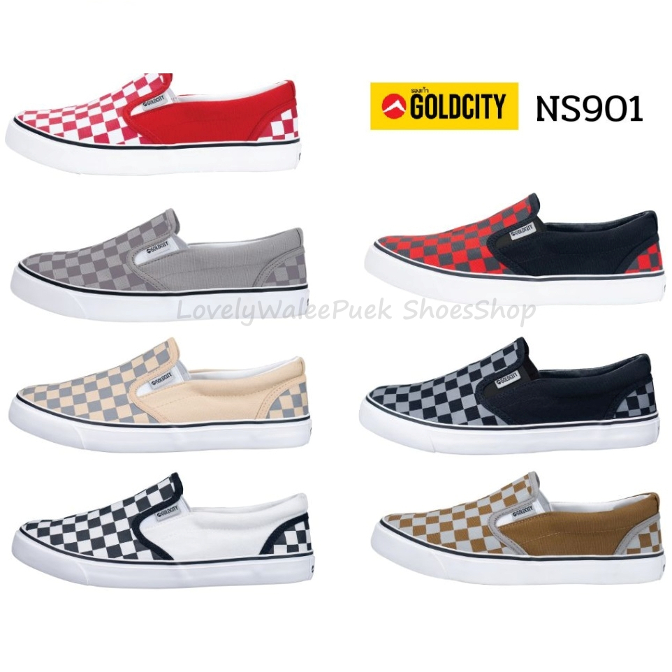 GoldCity-801-901_Size_36-45 รองเท้าผ้าใบแบบสวม สลิปออน ขอบนวมนุ่ม ลายหมากรุก มี ุ7 สี_พร้อมส่ง ...
