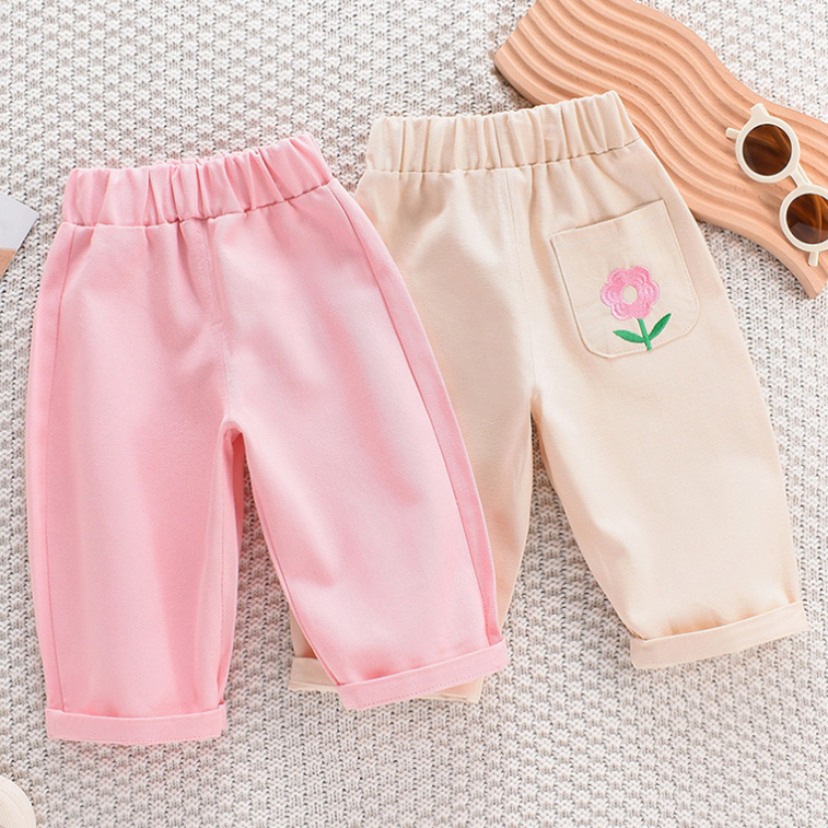 Babyonline(Y445)AB กางเกงขายาวเอวสม็อคสำหรับเด็กผู้หญิงปักลายดอกไม้สุด ...