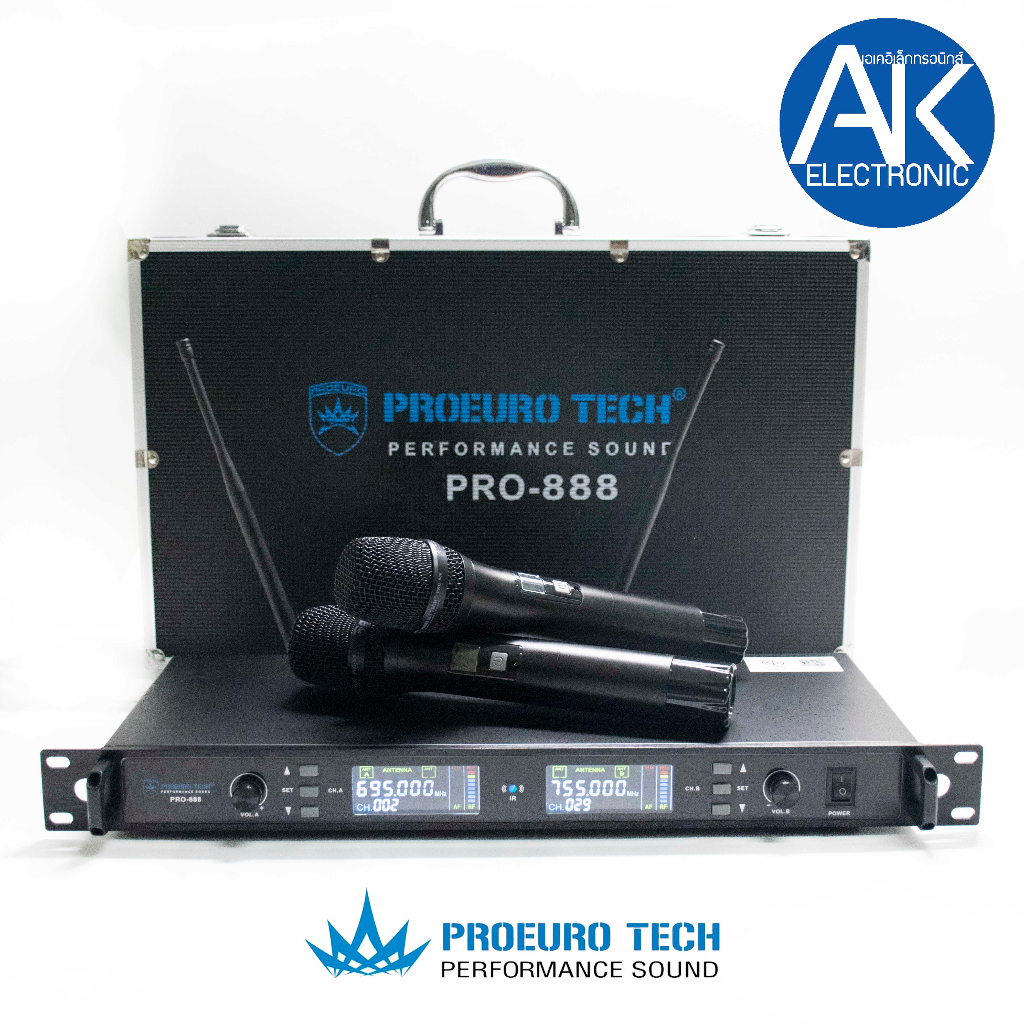 PROEUROTECH PRO-888 ไมค์ลอยคู่พร้อมกระเป๋า ไมค์โครโฟนไร้สาย ปรับความถี่ได้ คลื่นความถี่ UHF โปร ...