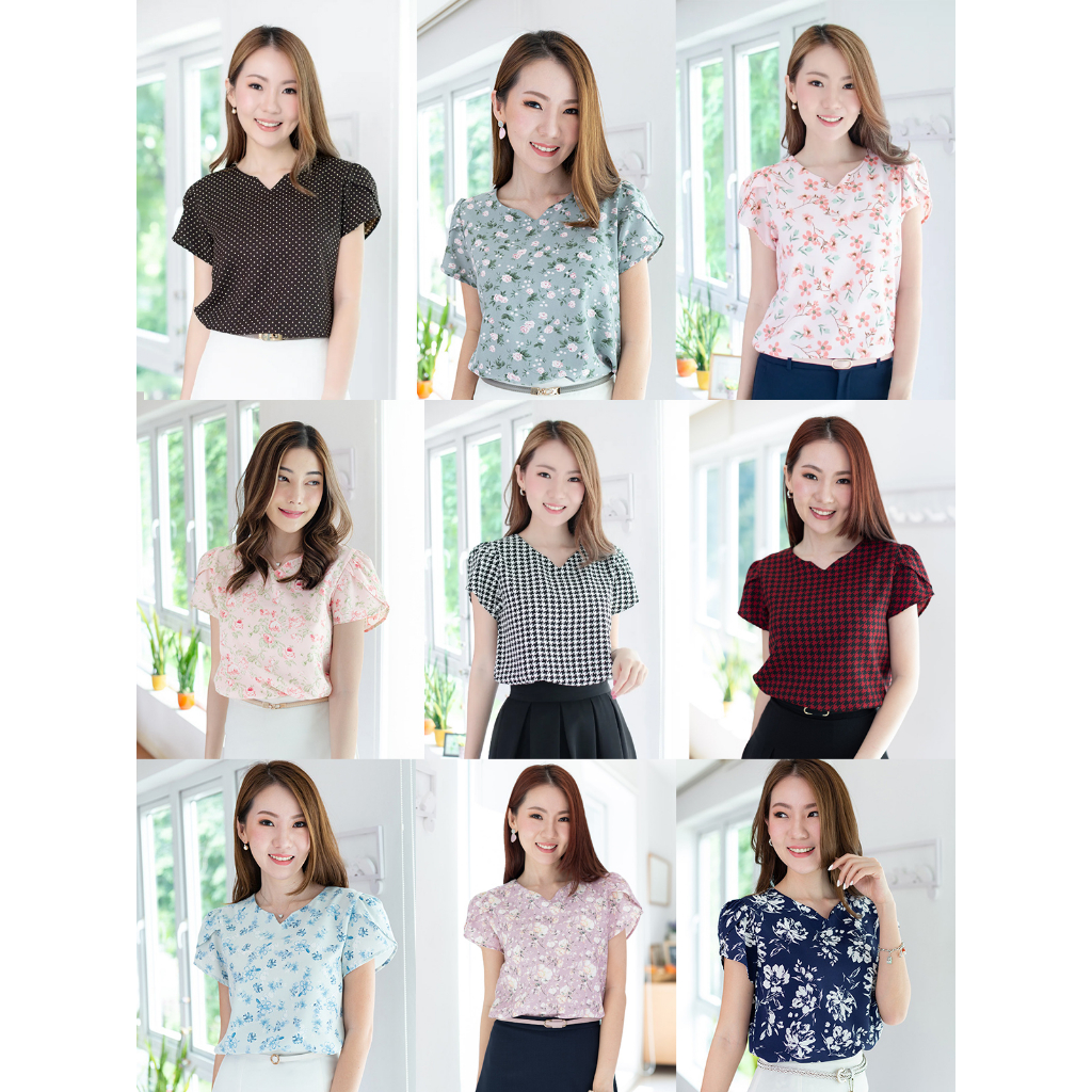 Narinari : MT0202 Flora Petal Sleeve Blouse เสื้อทำงานสวยสุภาพ | Shopee Thailand