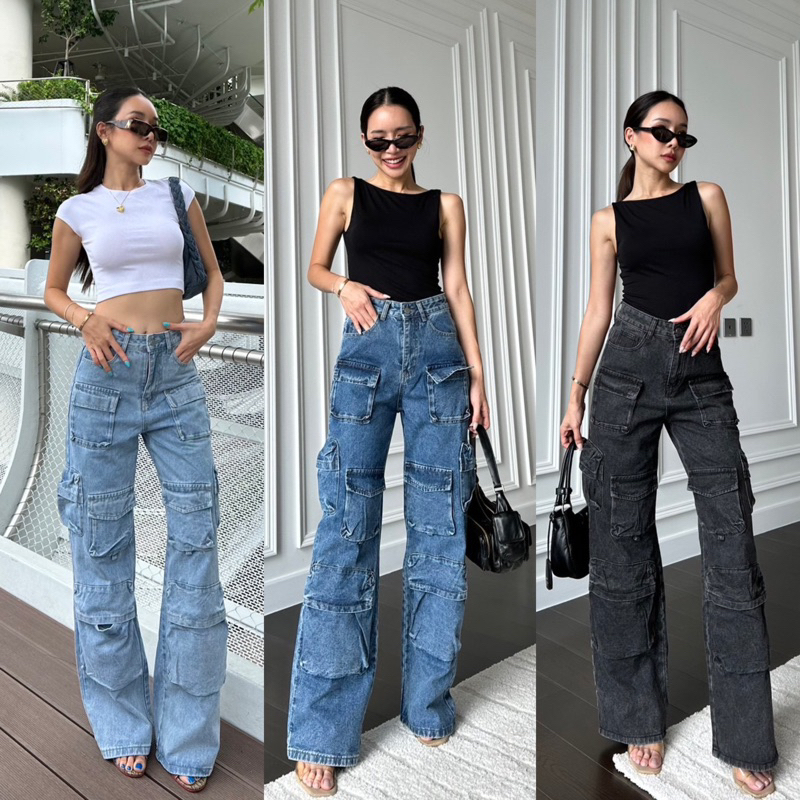 Promthong Jeans 32101 กางเกงยีนส์ขากระบอก ทรงคาร์โก้สุดเท่ห์ มี3สี ...