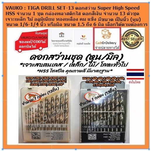 VAUKO : TIGA DRILL SET ดอกสว่านชุด ตราเสือ จำนวน 1 ชุด เลือกขนาดได้ มีแบบมิล และแบบนิ้ว บรรจุใน ...