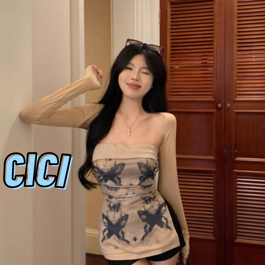 Cici(NO.J758)Set 2 ชิ้น เกาะอก+เสื้อคลุมแขนยาว ผ้าชีฟองลายมัดย้อม ใส่ไปทะเลคือปัง | Shopee Thailand