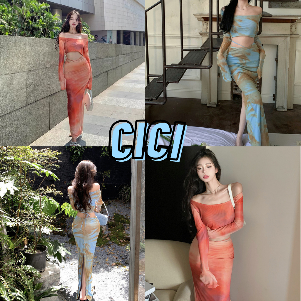 Cici(NO.J806)Set เสื้ออครอปแขนยาว+กระโปรงยาวดีเทลมีเชือกผูกเอว ผ้าชีฟองลายมัดย้อม แบบเจ้าแม่Y2K ...