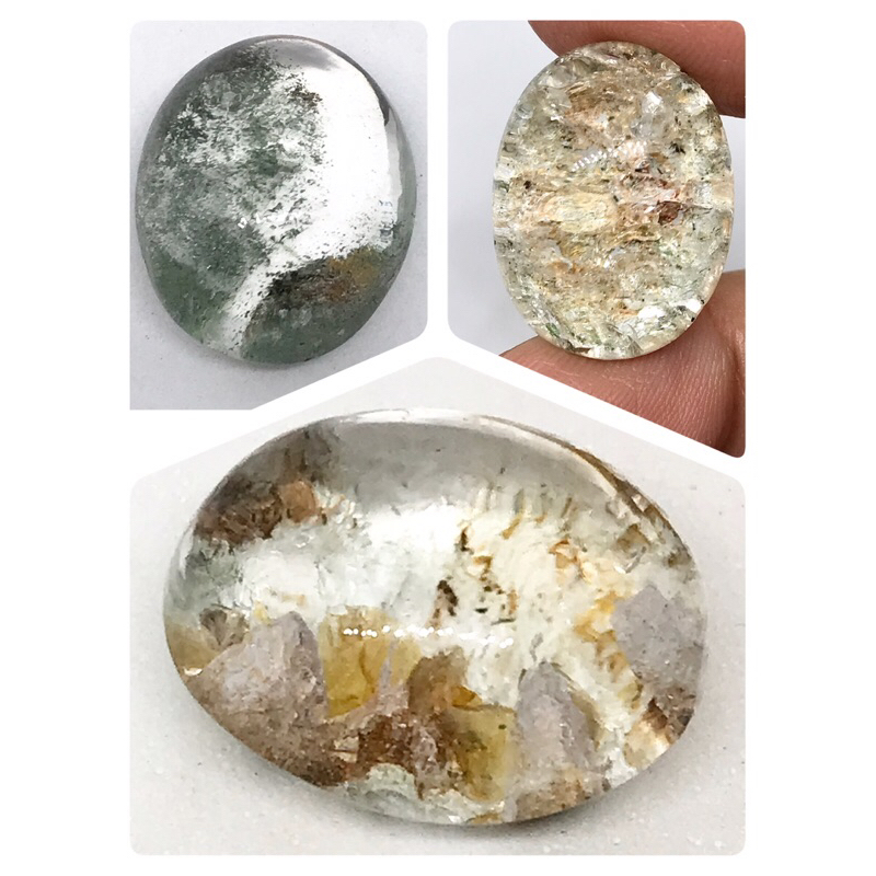 แก้วโป่งข่ามน้ำใสแร่ก้อนภูเขาเงินทองมังคละ/แผ่นกาบเงิน/ปวกทรายเขียวซ้อน ...