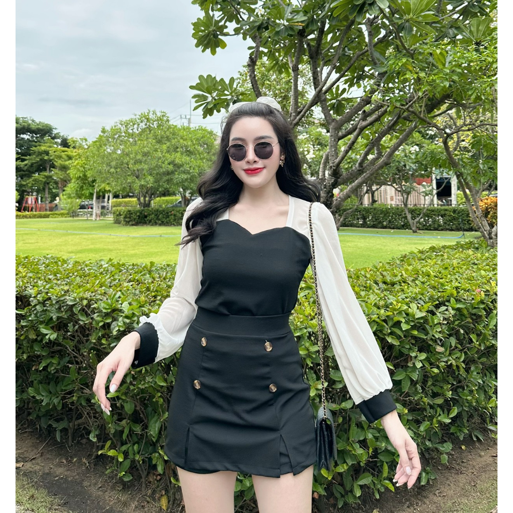 พร้อมส่ง ชุดเซตผ้าวูลเวฟ เสื้อแขนยาวผ้าซีฟองอกทรงหัวใจ+กางเกงกระโปรงแต่งกระดุมไม้ (F72,F73 ...