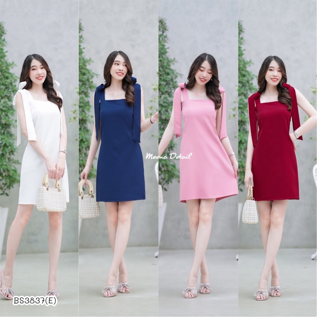 BS3837 เดรสผูกโบว์ไหล่แบบผูกเอง สายปรับได้ มีซิปซ่อนด้านหลัง | Shopee ...