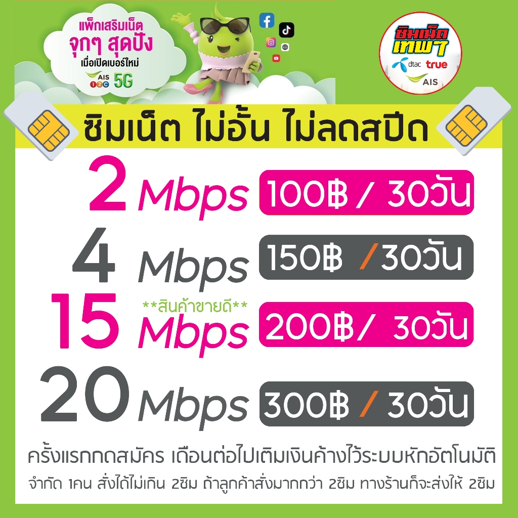 ซิมเน็ตAIS 20Mbps 15Mbps 8Mbps และ 4Mbps ไม่อั้นไม่ลดสปีด มีให้เลือก 4 แบบ | Shopee Thailand
