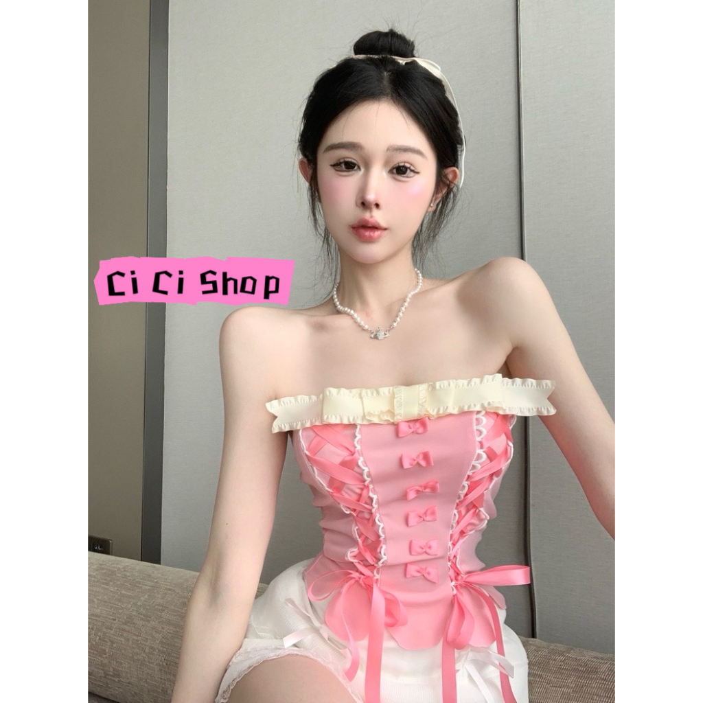 Cicishop(J838)เกาะอกคอร์เซ็ท เข้ารูป แต่งประดับโบว์ เหมาะกับสาวหวานสไตล์บาร์บี้ | Shopee Thailand