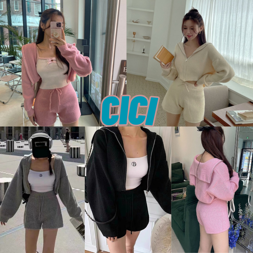 Cici(NO.1412)SET 2 ชิ้น เสื้อไหมพรมคอเต่ามีซิปหน้า + กางเกงขาสั้น ดีเทลคอเสื้อรูดซิปได้ สาย ...