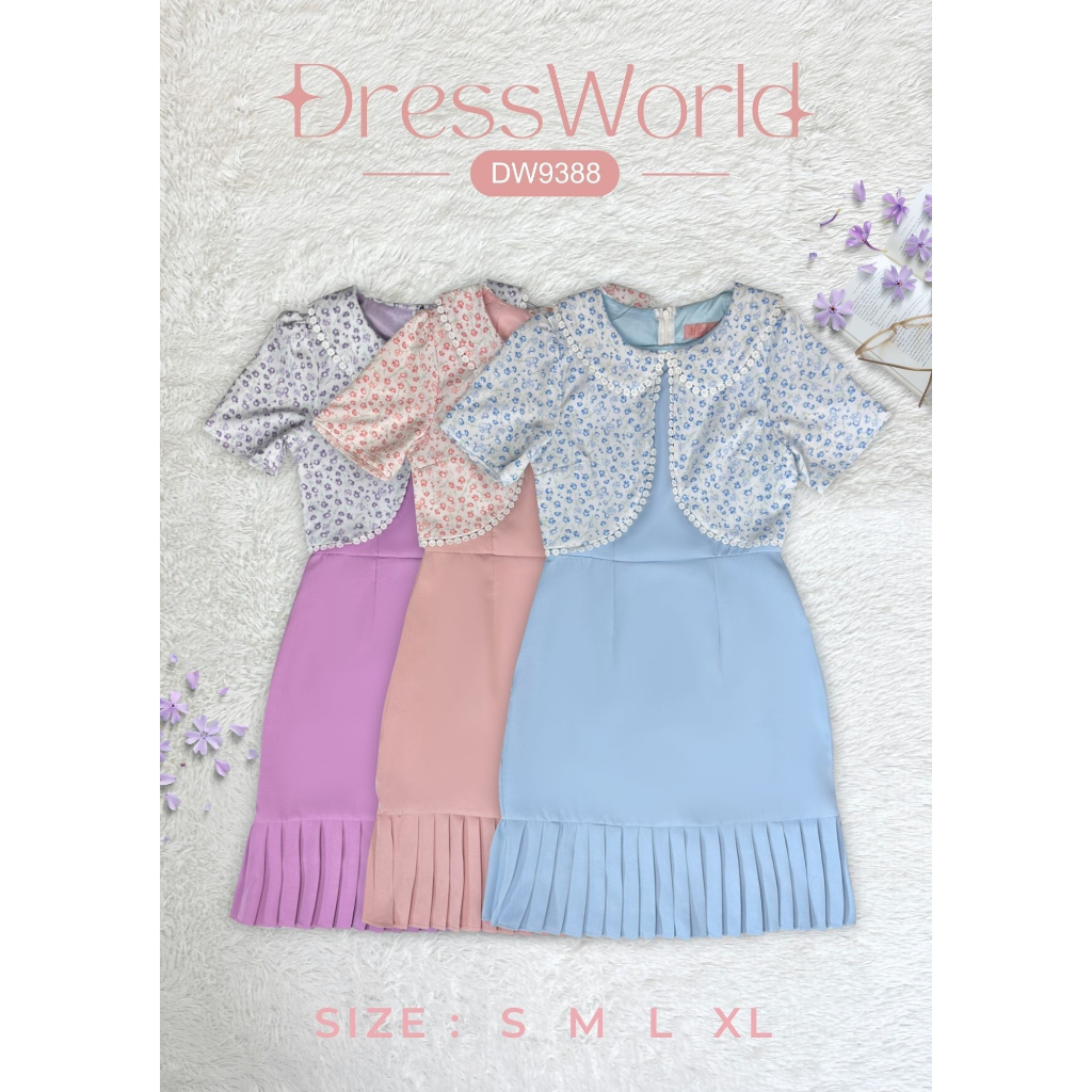 {S-XL} 9388 งานป้าย Dress World เดรสสั้นคอบัว แต่งกั๊ก ชายพลีท หรูหรา ...