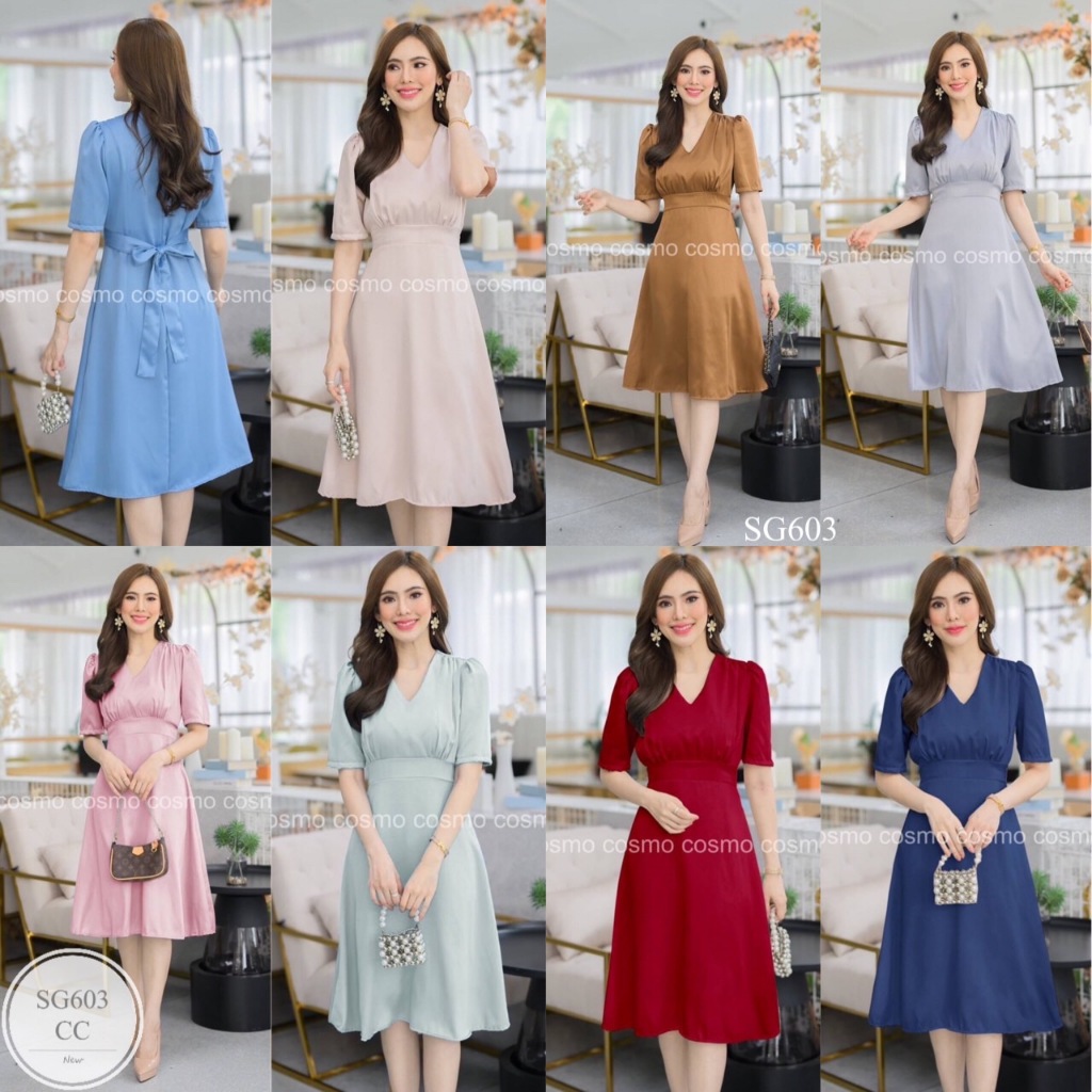 SG603 เดรสคอวี #เดรสออกงาน เนื้อผ้าซาร่าเงา มีเชือกผูกเอวในตัว ซิปหลัง ...