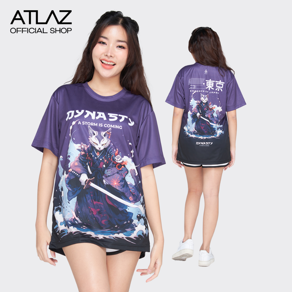 ATLAZ (พร้อมส่ง) เสื้อวิ่งพิมพ์ลายแมวซามูไร DYNASTY สีม่วง | Shopee Thailand
