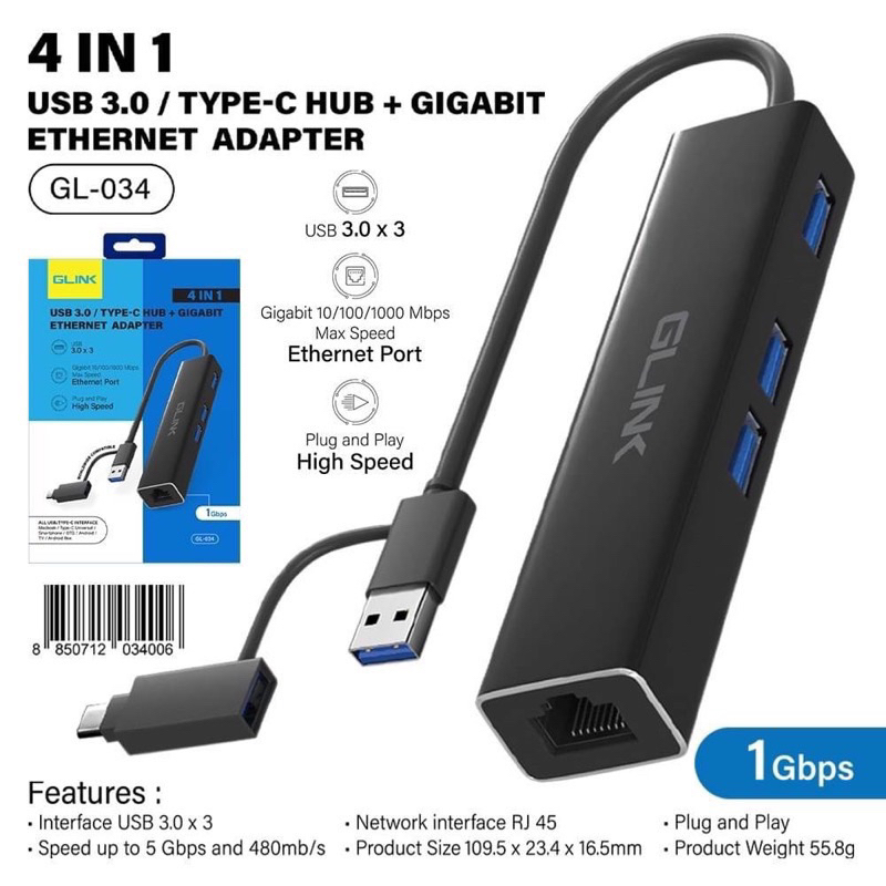 GLINK GL-034 USB3.0 + Type-C Hub+Gigabit Adapter อุปกรณ์เพิ่มช่องต่อ ...