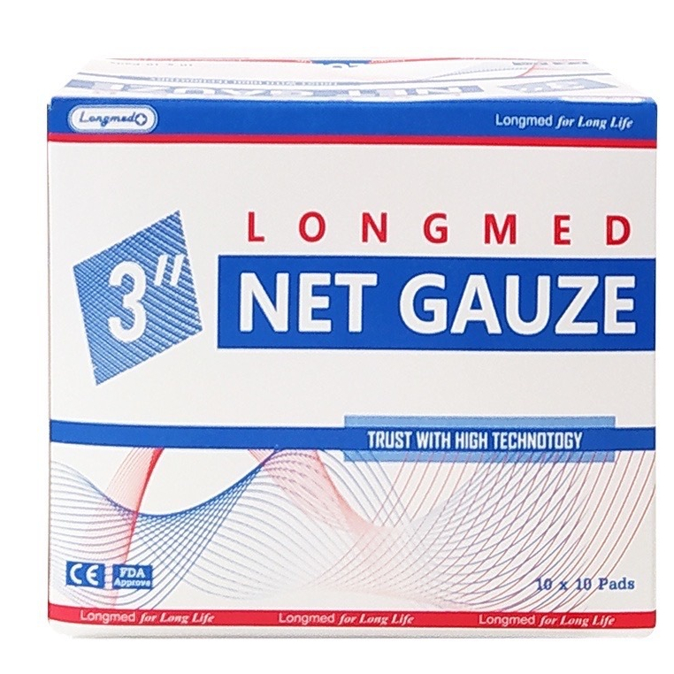 Longmed Net Gauze ลองเมด เนทก๊อซ ผ้าก๊อซฝ้ายทำแผล ขนาด 2x2, 3x3, 4x4 10ซอง/กล่อง (( ยกกล่อง ...
