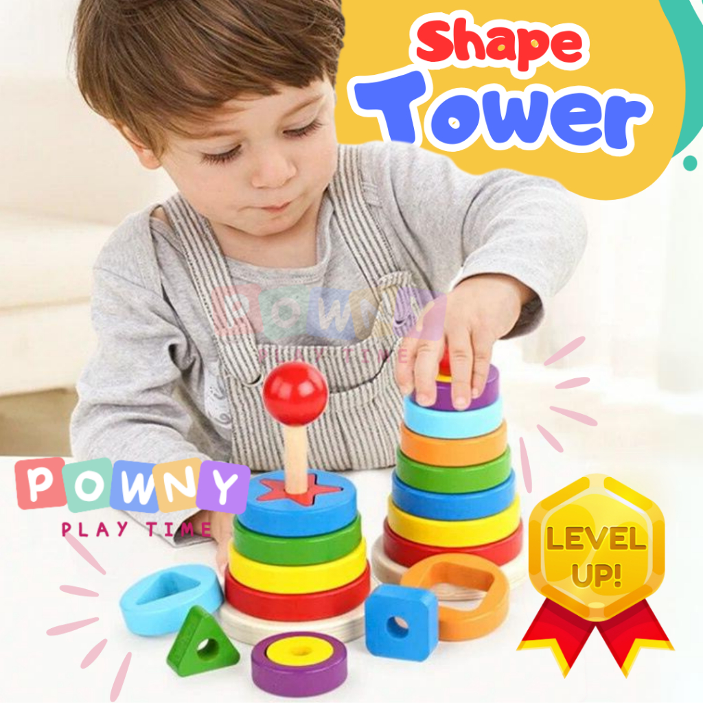 Shape Tower หอคอยของเล่น เรียนรู้รูปทรง ของเล่นไม้ motessori | Shopee ...