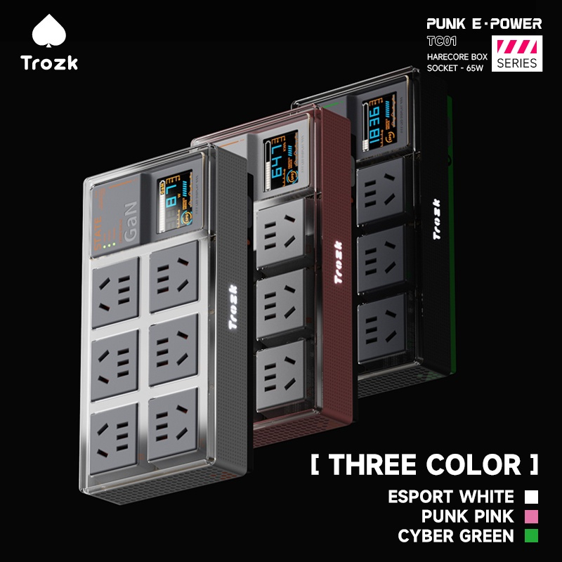 Trozk รางปลั๊กไฟเล่นเกม 65W GaN พร้อมไฟ RGB 6 ช่อง AC 2 พอร์ต USB และ 2 ...