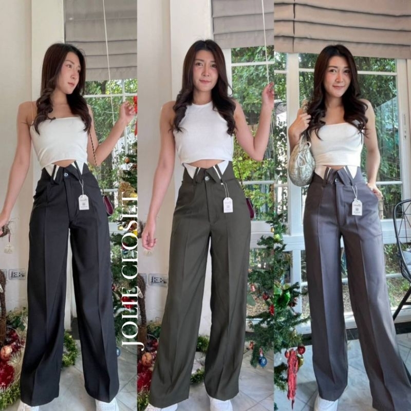 JC003 กางเกงขายาวเอวพับ เอวสูง | Shopee Thailand