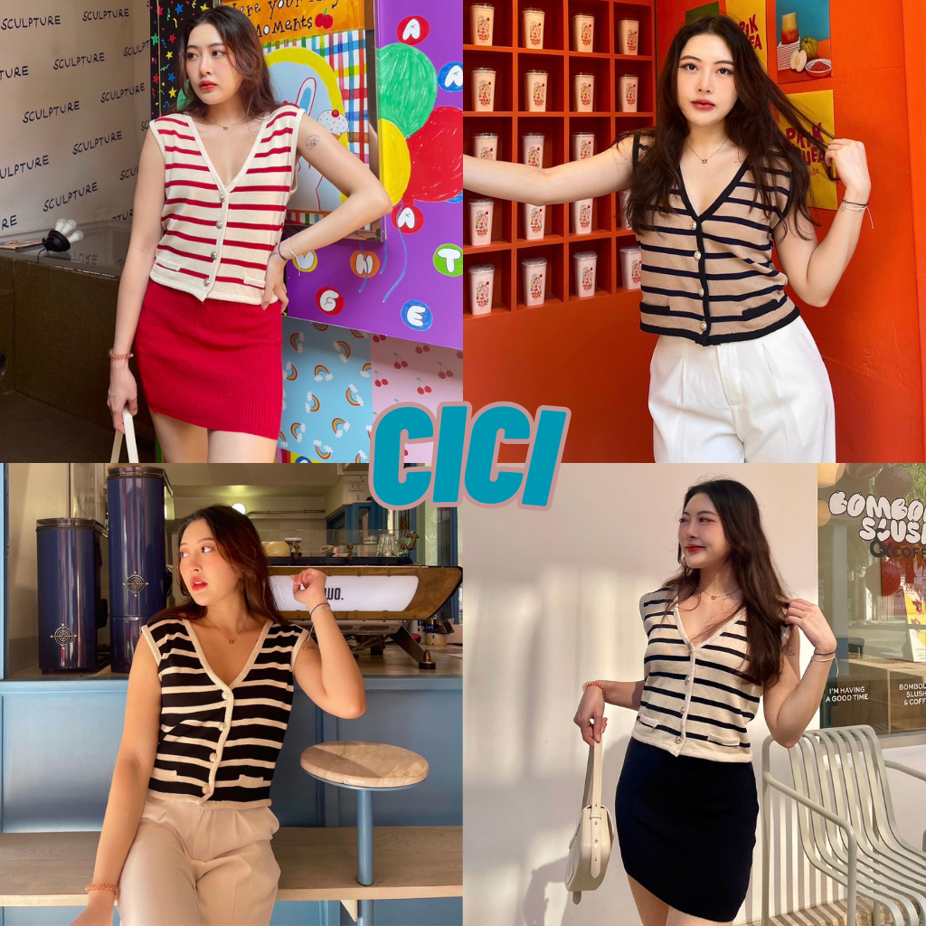 ส่งทันที Cici(NO. A1262-1)เสื้อไหมพรมแขนกุดลายทาง ดีเทลกระดุมหน้า ใส่แล้วดูแพง | Shopee Thailand