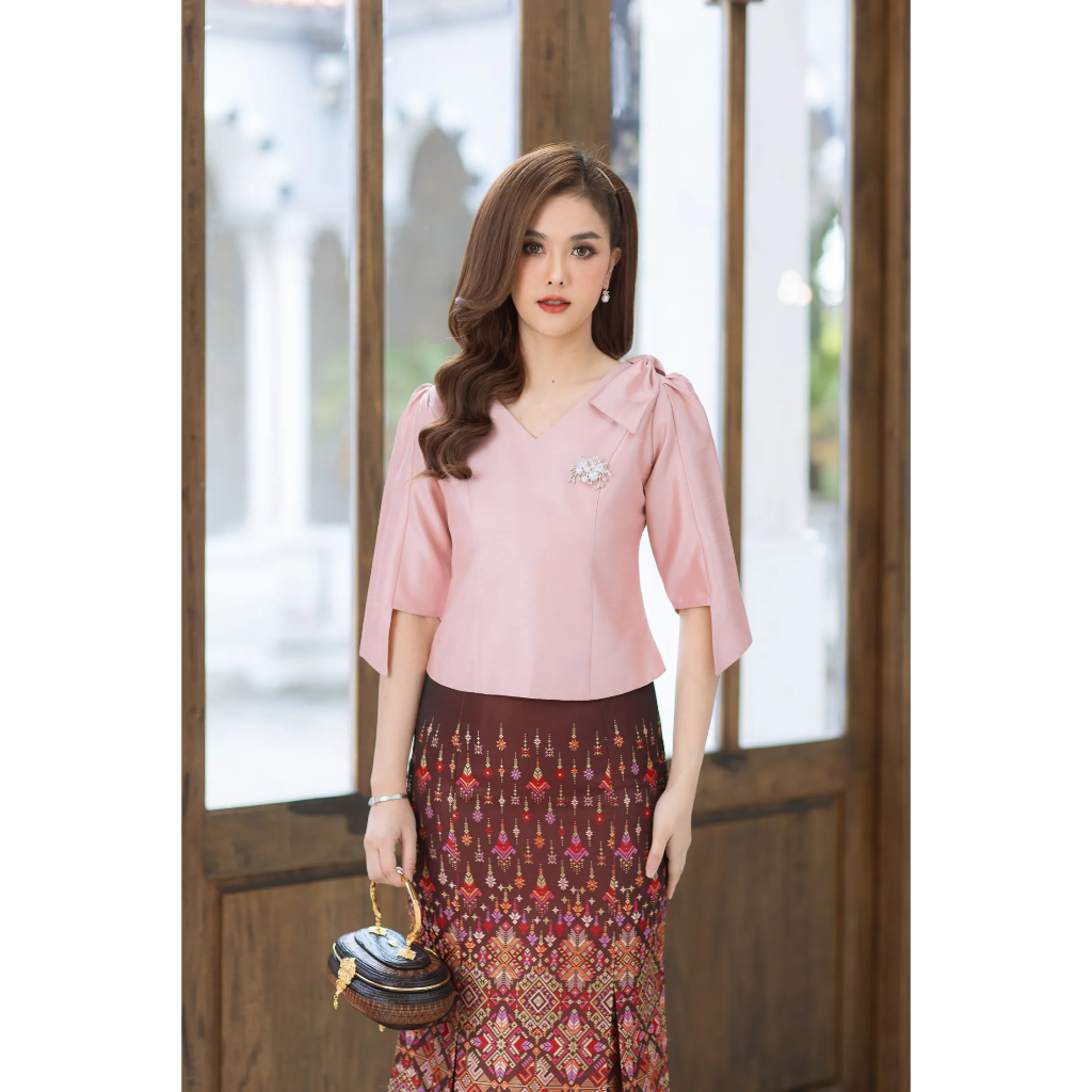 CHANIDA เสื้อผ้าไหม4เส้น ทรงคอวี แขนปาด ตกแต่งโบว์ที่ไหล่ สวยตรงปก (รหัสสินค้า 110) | Shopee ...