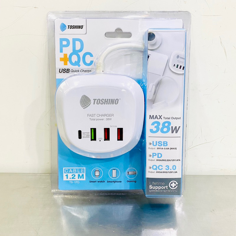 TOSHINO ปลั๊ก USB Charger 4 ช่อง Type A และ Type C สายยาว 1.2m รุ่น TS ...