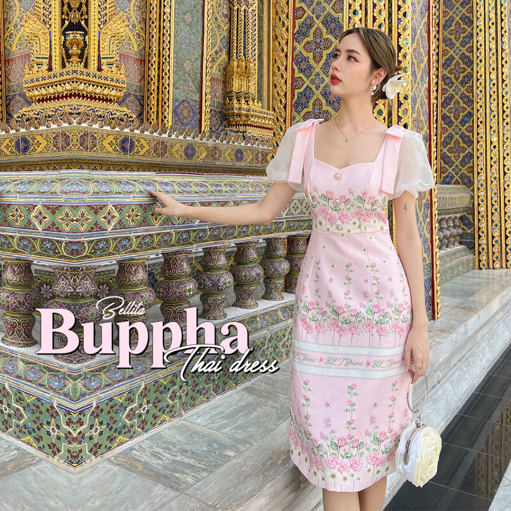 J744 BELLITA BRAND เดรสไทย ชมพูลายกุหลาบ | Shopee Thailand