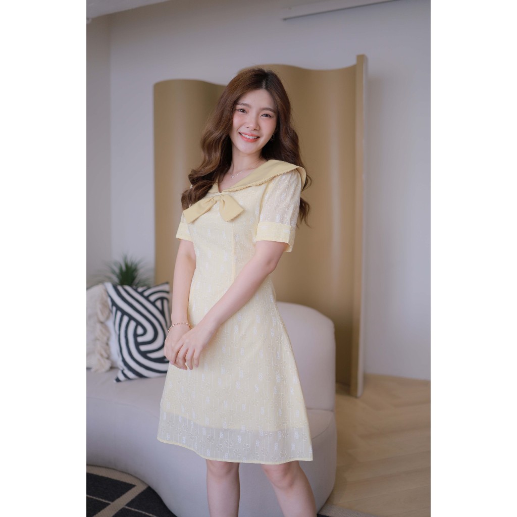 G463 ชุดเดรสสีเหลือง (ปกโค้งแต่งโบว์) มีหลายไซส์ให้เลือก | Shopee Thailand