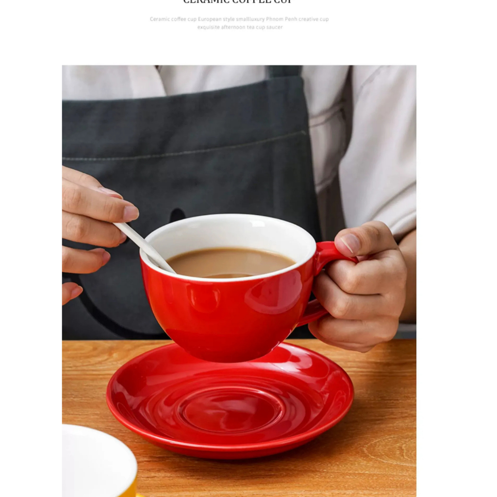 ถ้วยกาแฟ แก้วกาแฟ คาปูชิโน่ อเมริกาโน่ พร้อมจานรองขอบขาว Cappuccino Americano coffee cup สีสัน ...