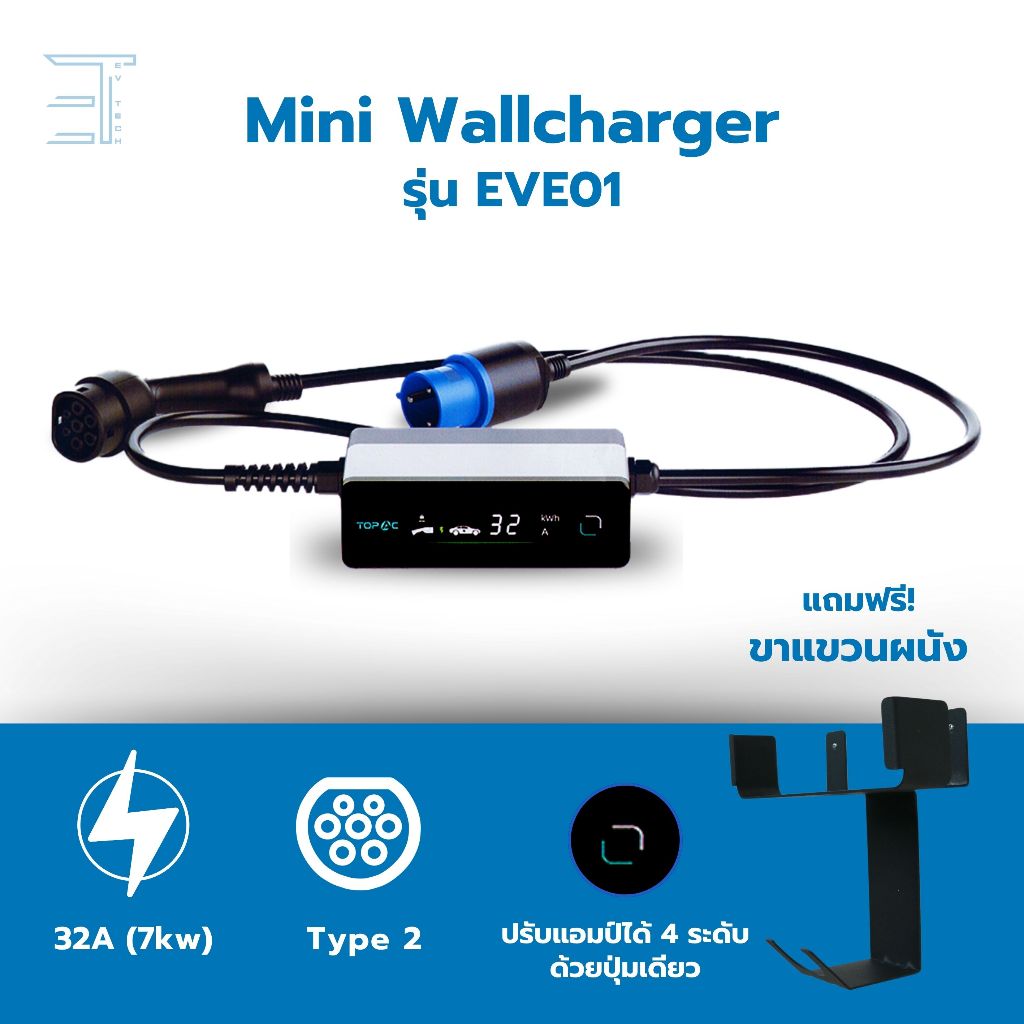 เครื่องชาร์จรถยนต์ไฟฟ้า 7.4Kw รุ่น EVE01 Mini WallCharger WallBox ปรับแอมป์และตั้งเวลาชาร์จ ...