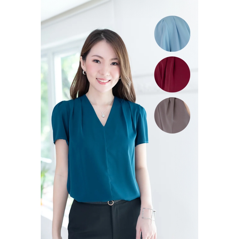 Narinari : MT0601 V-Collar Sophie Blouse – เสื้อทำงานคอวี สีพื้นเนียนลื่น | Shopee Thailand