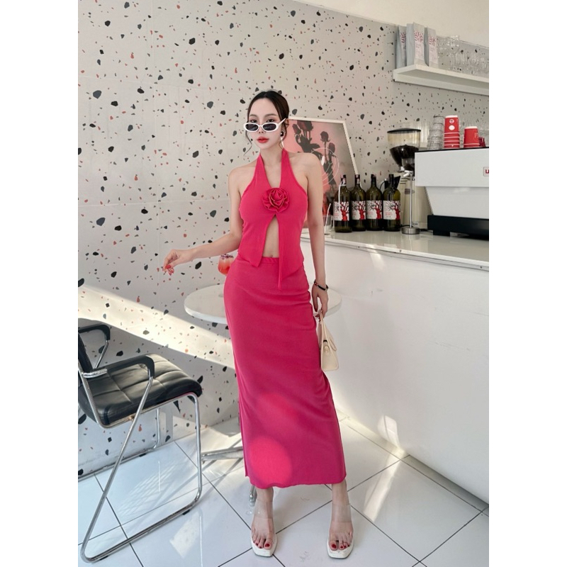 poshie(1229) peipi set ชุดเซ็ท2ชิ้น เสื้อแต่งกุหลาบที่อกและกระโปรงยาว ...