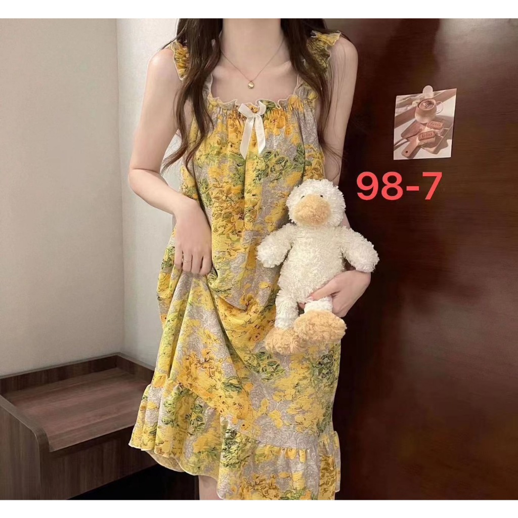 98-1ส่งจากไทย--ชุดนอนกระโปรงผู้หญิง มีฟองน้ำ พอมลาย เนื้อผ้าฝ้าย ใส่สบาย | Shopee Thailand