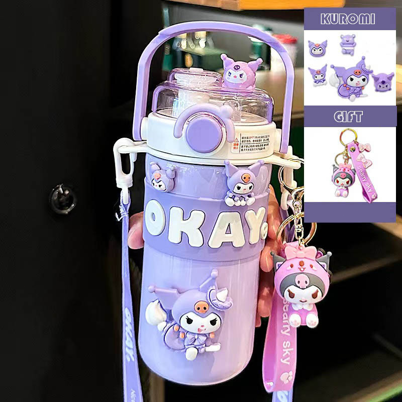 Sanrio ขวดน้ํา ถ้วยปากคู่ น่ารักถ้วยสี่เหลี่ยม Kuromi พลาสติก ขวดน้ําเก็บความเย Crayon Shin chan ...