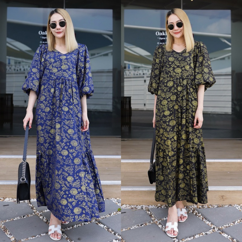 เดรสยาวชายระบายพิมพ์ลายดอก AR758 | Shopee Thailand