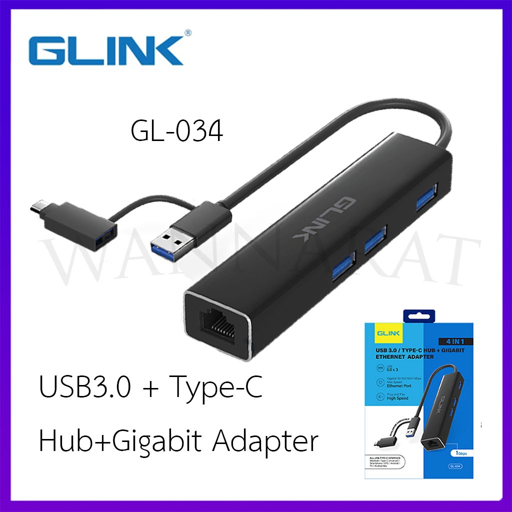 GLINK GL-034 USB3.0 + Type-C Hub+Gigabit Adapter อุปกรณ์เพิ่มช่องต่อ ...