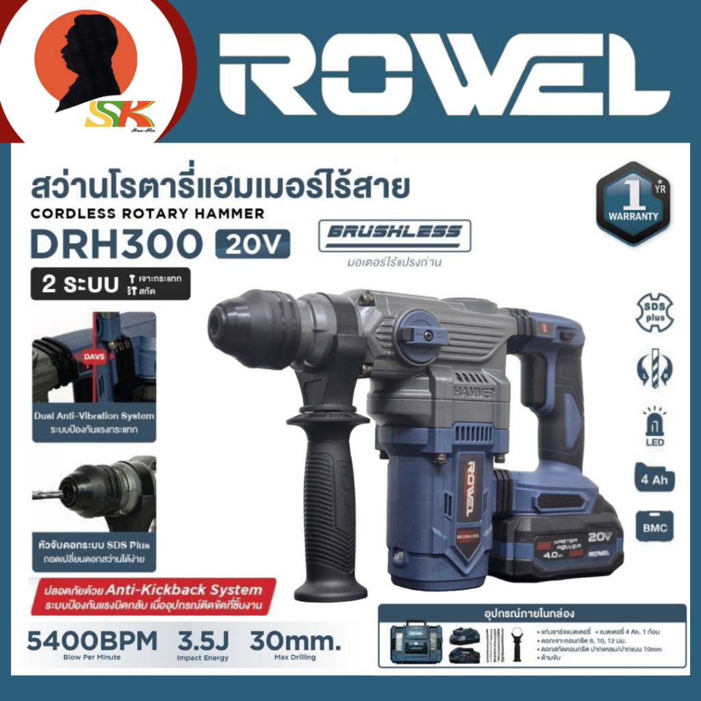 ROWEL สว่านโรตารี่แฮมเมอร์ไร้สาย 2 ระบบ กำลัง 20V พร้อมอุปกรณ์ครบชุด ...