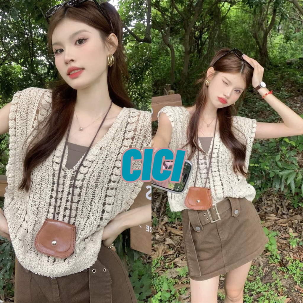 ส่งทันที Cici(NO. 20231)เสื้อกั๊กผ้าถักโครเชต์ คอวี สไลต์เกาหลี เหมาะกับSummerสุดๆ | Shopee Thailand