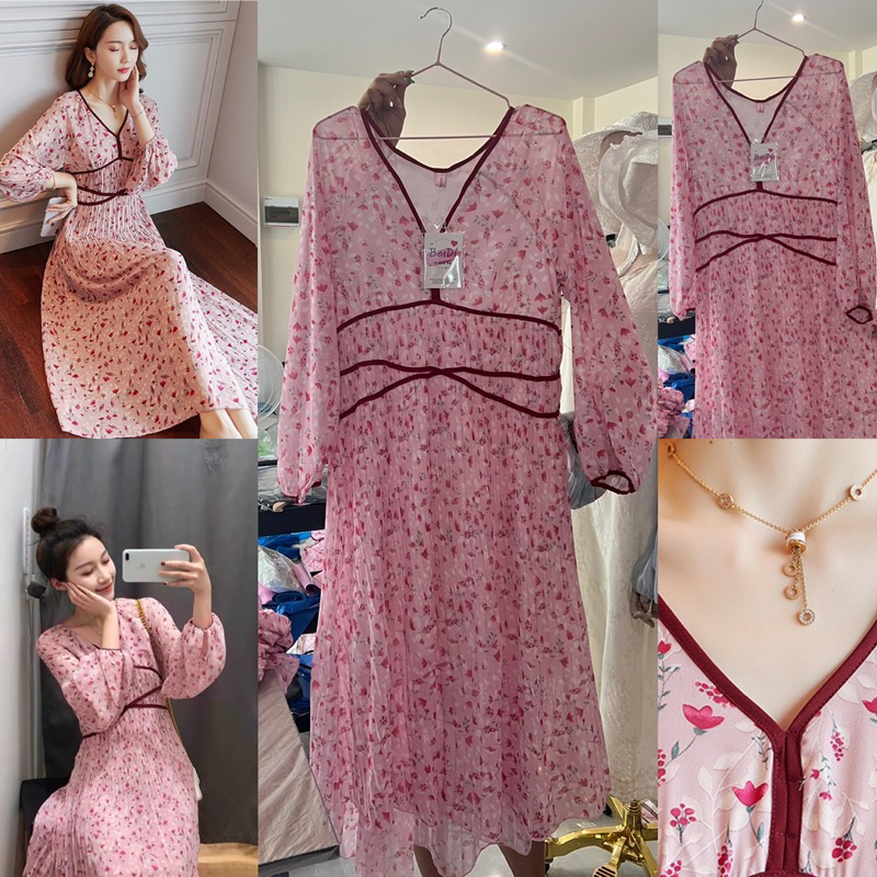 เดรสพลีทตัวยาวชมพูกุ้นแดงเข้ม คอวีป้ายbeidi | Shopee Thailand