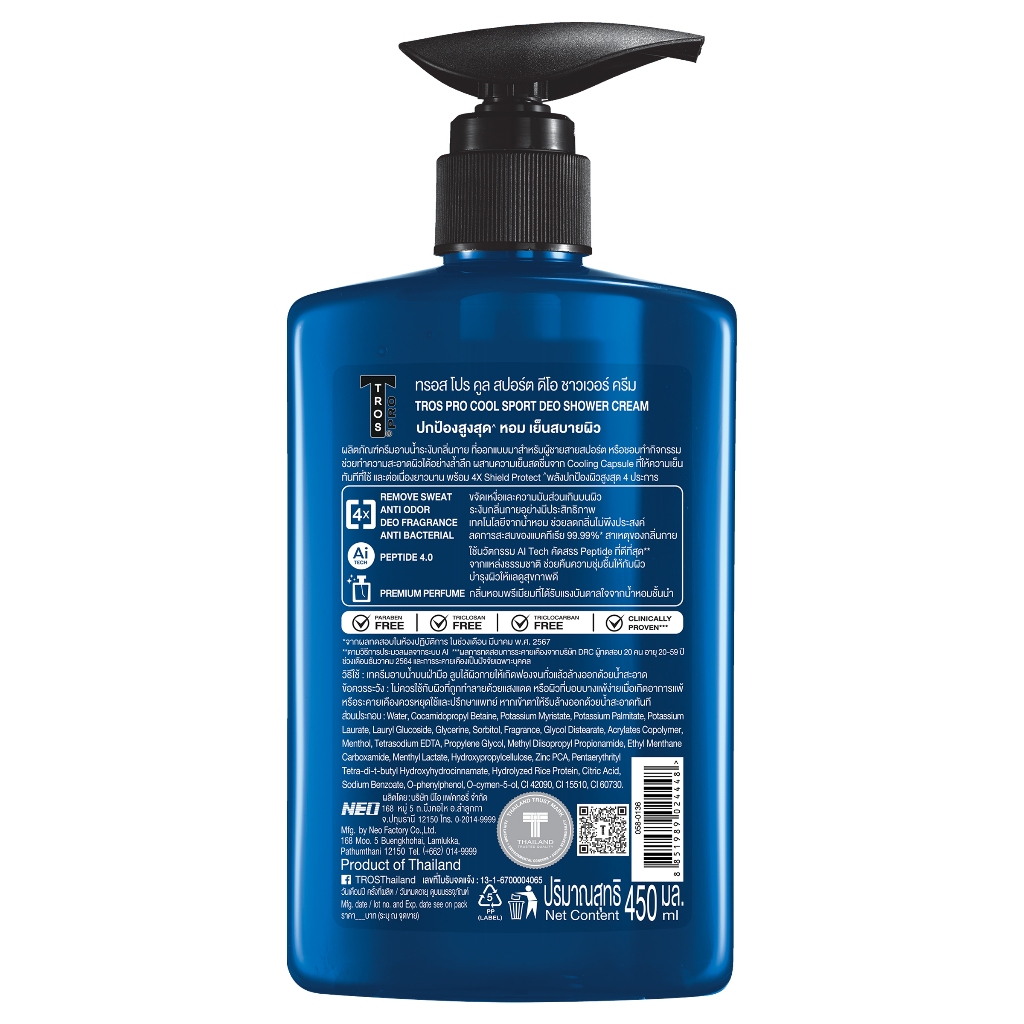 TROS Pro Cool Sport Deo Shower Cream ขนาด 450 ml. ทรอส ครีมอาบน้ำระงับ ...