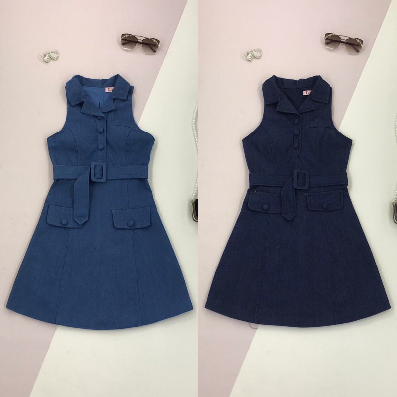 [LISA] A0321 ชุดเดรสกระโปรงยีนส์คอปกแขนกุดแต่งสายเข็มขัดเพิ่มความเก๋ ใส่เที่ยว ใส่ออกงาน คาเฟ่ ...