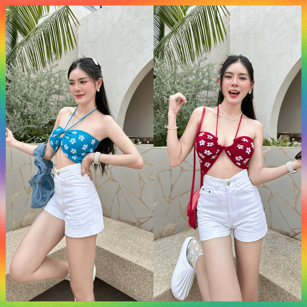 🌈MesubShop🌈 เสื้อครอปท๊อป ผ้าไหมพรมลายดอกไม้ทั้งตัว ผูกได้หลายแบบมาก ใส่เที่ยวทะเล ถ่ายรูปน่ารัก ...