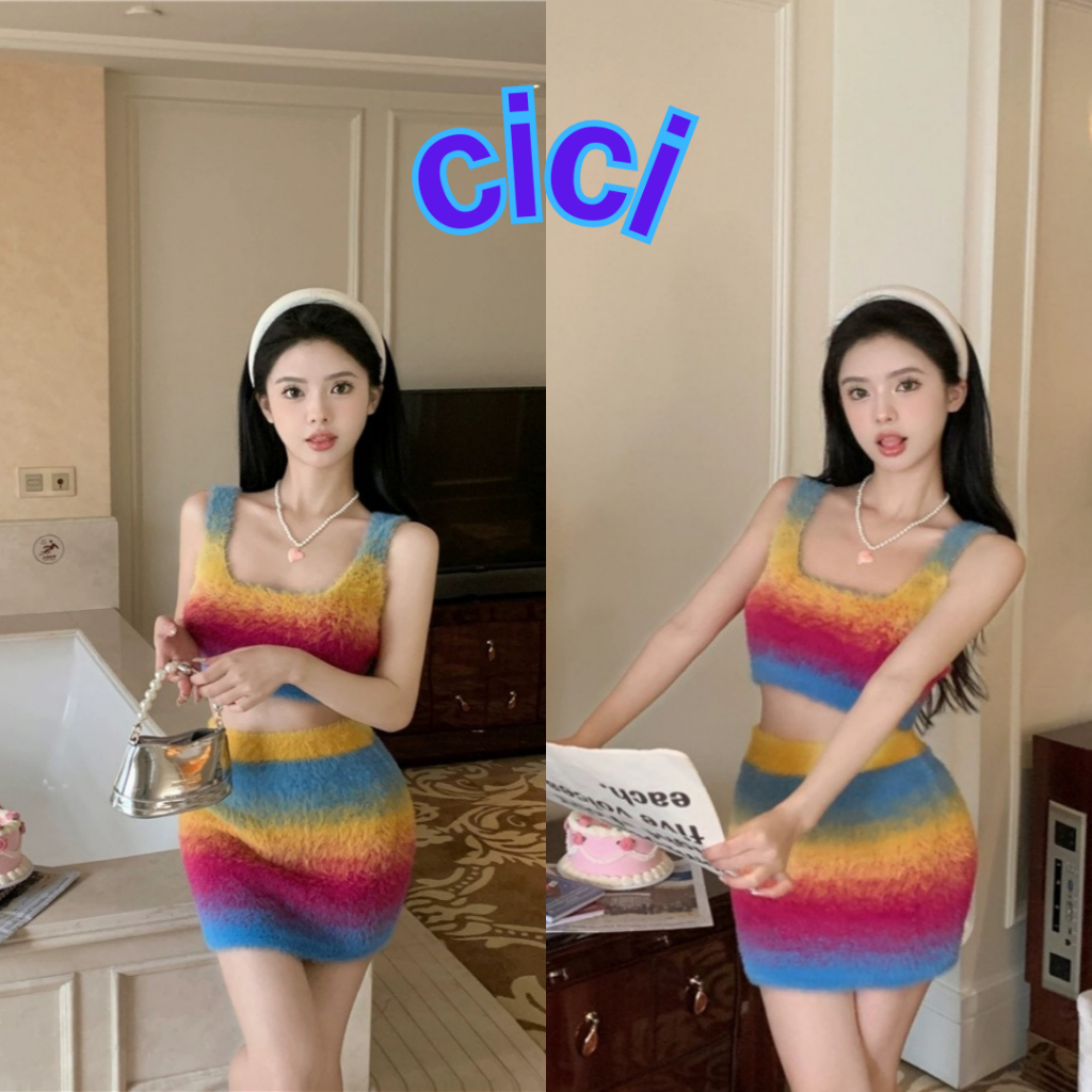 Cici(NO.C1850)ชุดSet2ชิ้น สายเดี่ยว+กระโปรง สีสันคัลเลอร์ฟูล สาวแซ่บต้องมี | Shopee Thailand