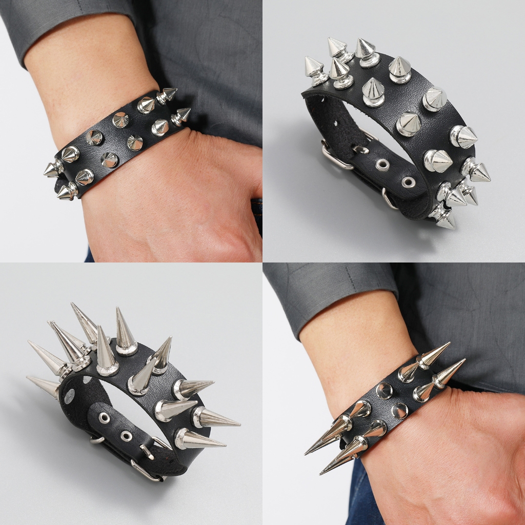 สร้อยข้อมือ กำไล หนัง Cuspidal Spikes Rivet Stud Wide Cuff PU Leather ...