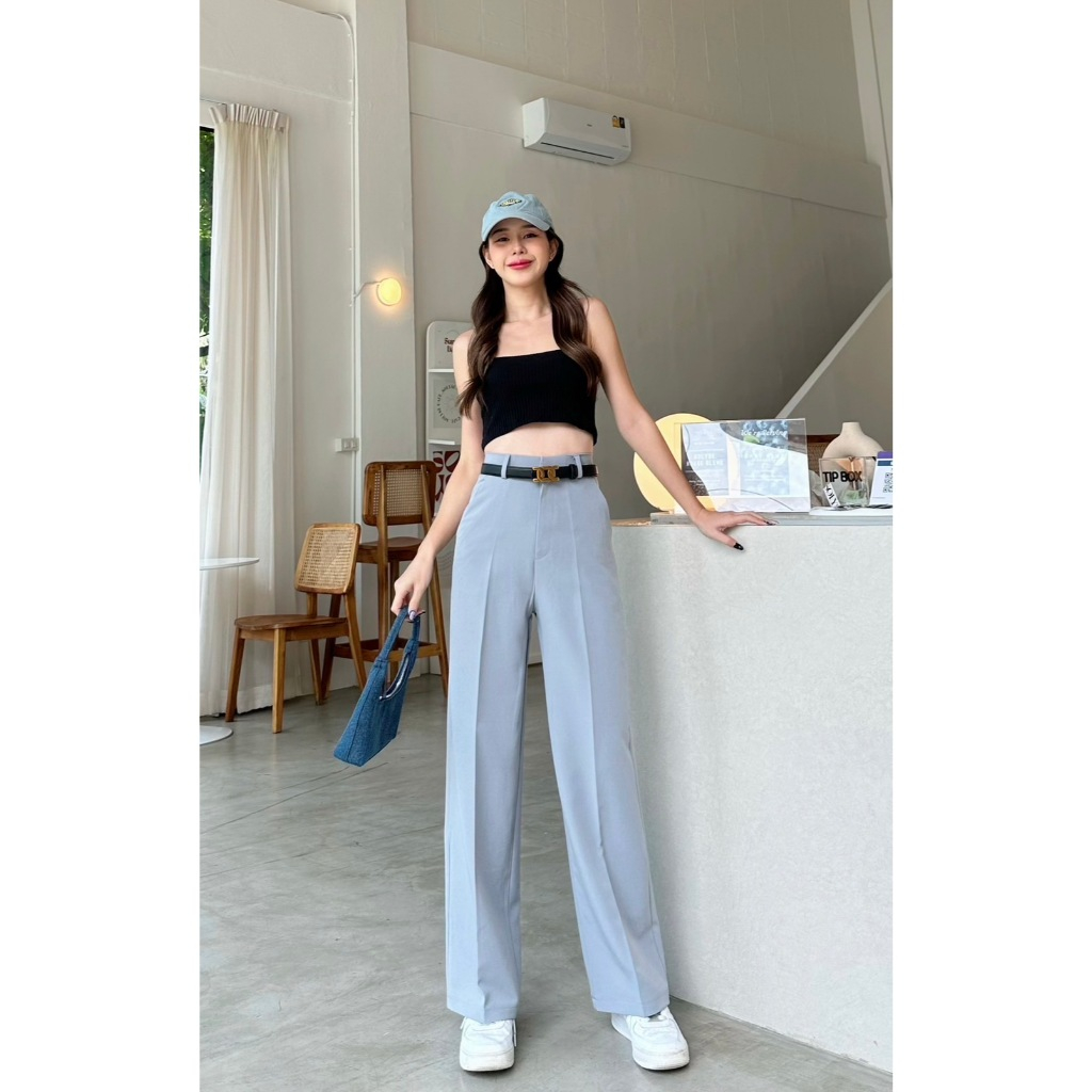 T05 New Hiso Pants เรียบหรูดูดี กางเกงทรงกระบอกกลาง กางเกงขายาว ผู้หญิง เอวสูง พรางหุ่น พราง ...