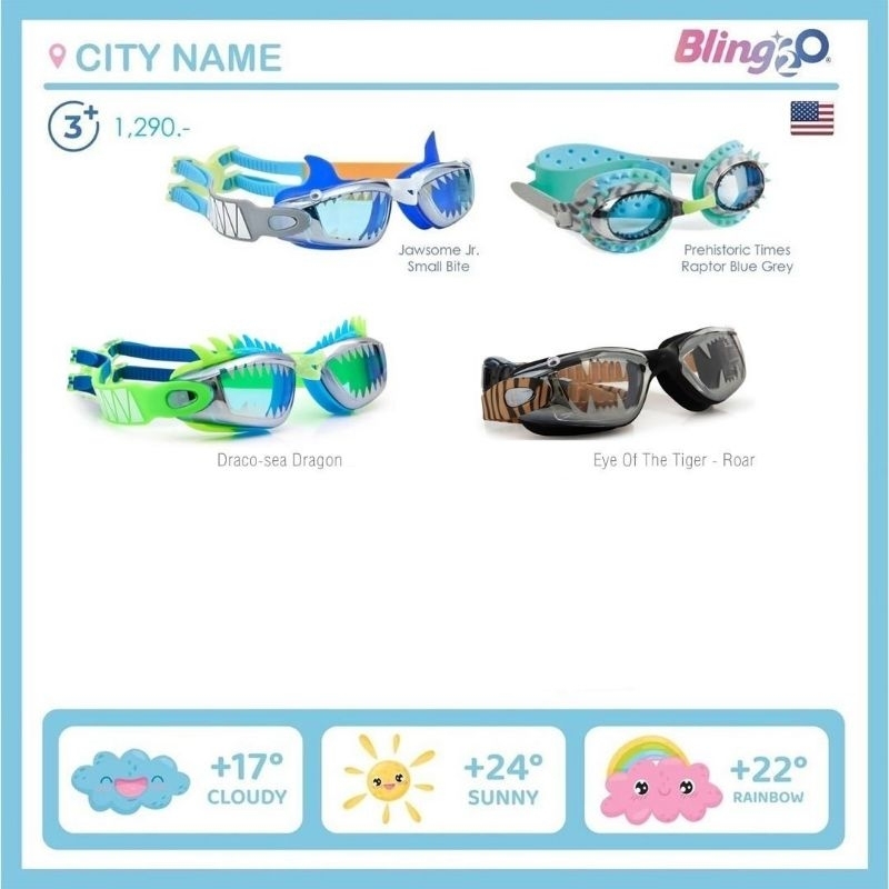 Bling2o - BOY - 3y+ - แว่นตาว่ายน้ำเด็ก แว่นตาว่ายน้ำสีสดใส ยอดฮิตจากอเมริกา ป้องกันฝ้าและ UV ...