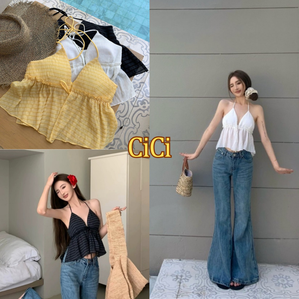 Cici (NO. J1100)บราสายเดี่ยวคล้องคอ ดีเทลปลายระบาย มีฟองน้ำในตัว | Shopee Thailand